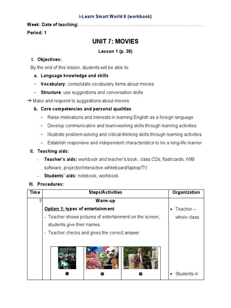 Tiếng Anh 6 Smart World - Unit 7. MOVIES | PDF | Teachers | Linguistics