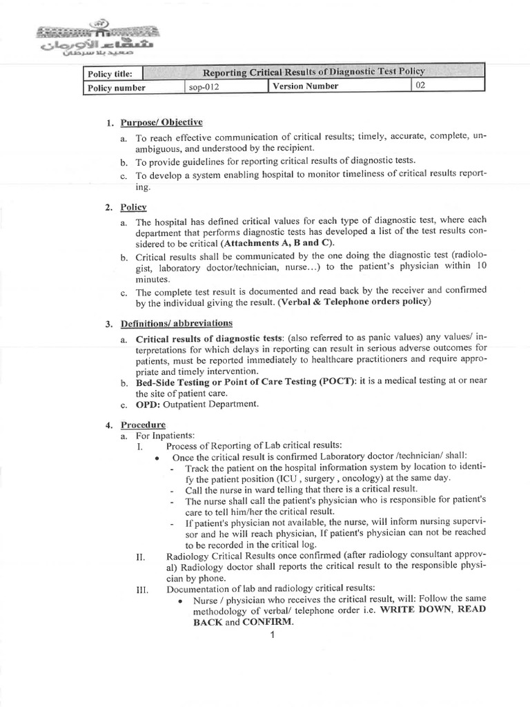 (NSR) Reporting Critical Result of Diagnostic Test Policy | PDF