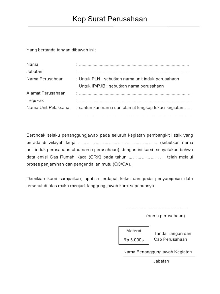 Konsep Surat Pernyataan Laporan PLN IP PJB | PDF