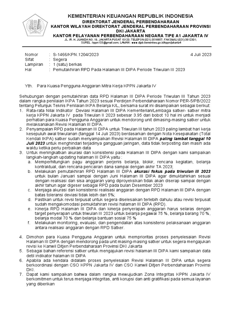 Pemutakhiran RPD Pada Halaman III DIPA Periode Triwulan III 2023 | PDF