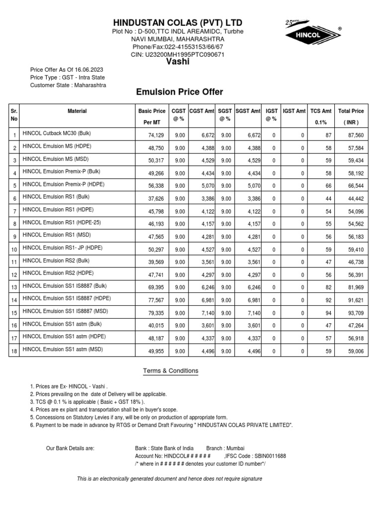 PRICE LIST-Vashi-16.06.2023-Emulsion-2101-13 | PDF | Financial Services ...