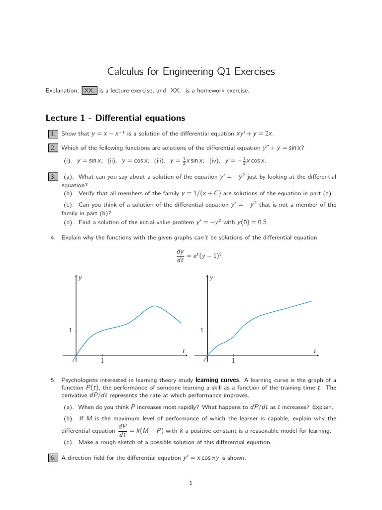 Calculus For Engineering Q1 Exercises Lecture 1 | PDF | Equations ...