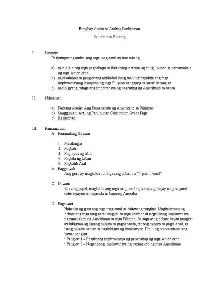Banghay Aralin Sa Araling Panlipunan | PDF