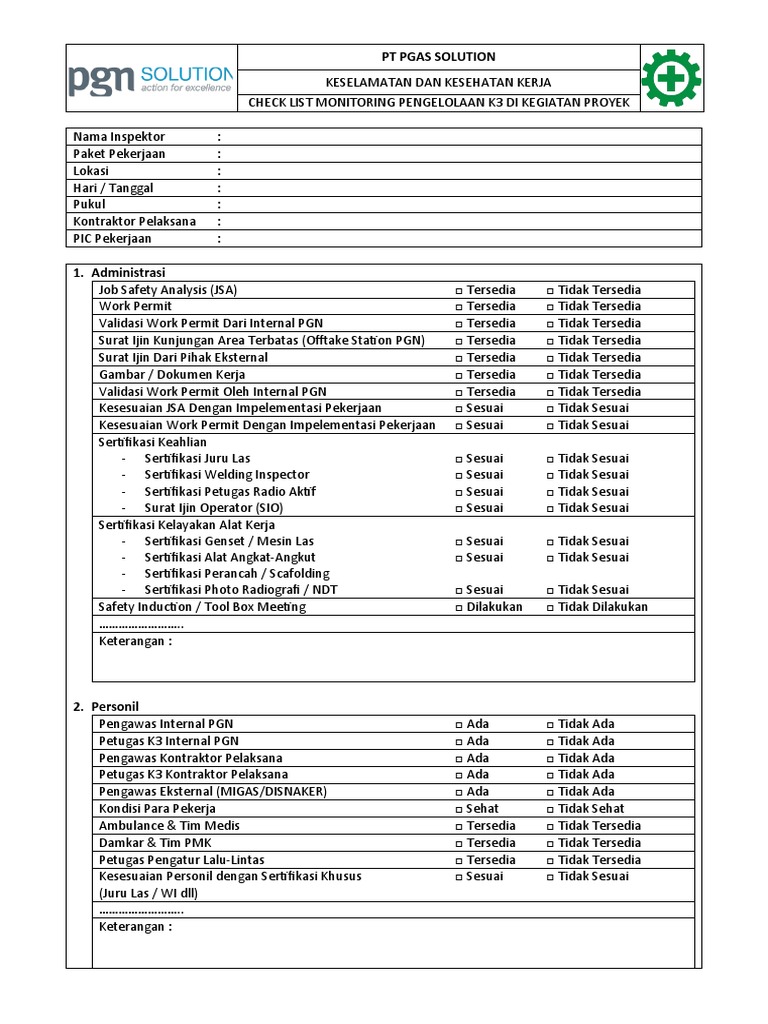Check List Monitoring K3 (Kegiatan Proyek) | PDF