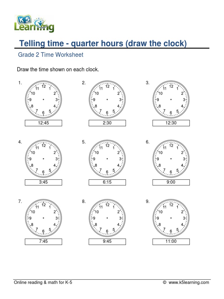 Grade 2 Quarter Hour Clock Worksheets | PDF