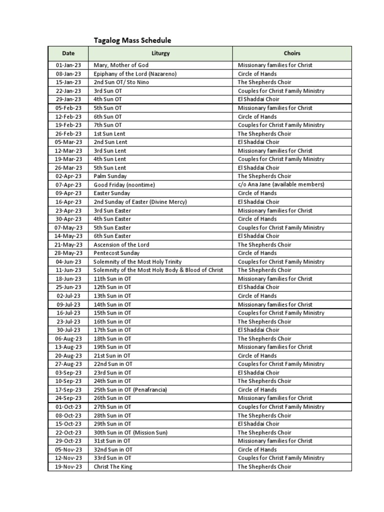 230111 Tagalog mass schedule | PDF | Lent | Jesus