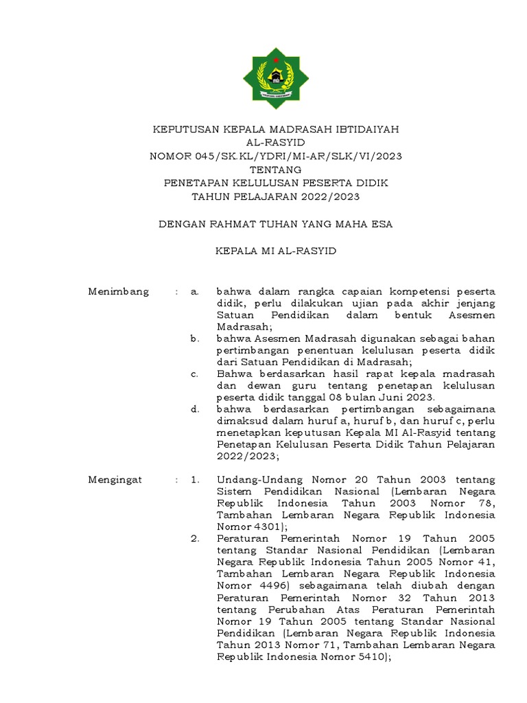 SK Kelulusan Siswa MI AL-RASYID TEMPULING 2023 | PDF