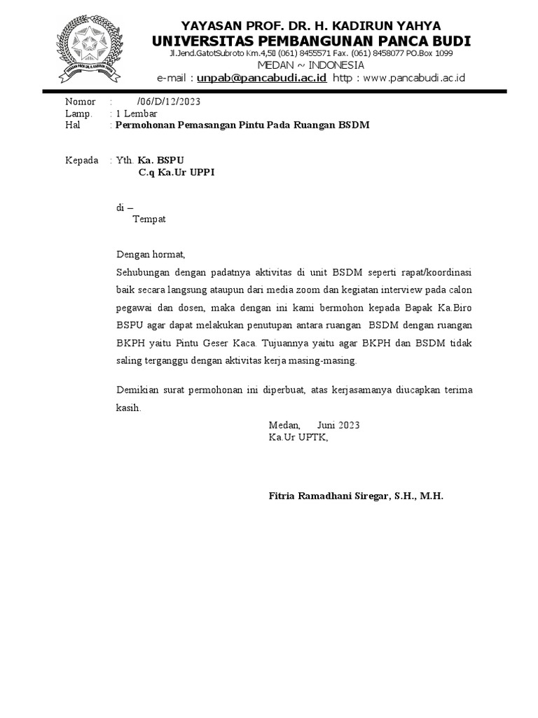 Surat Permohonan Pemasangan Pintu SDM | PDF