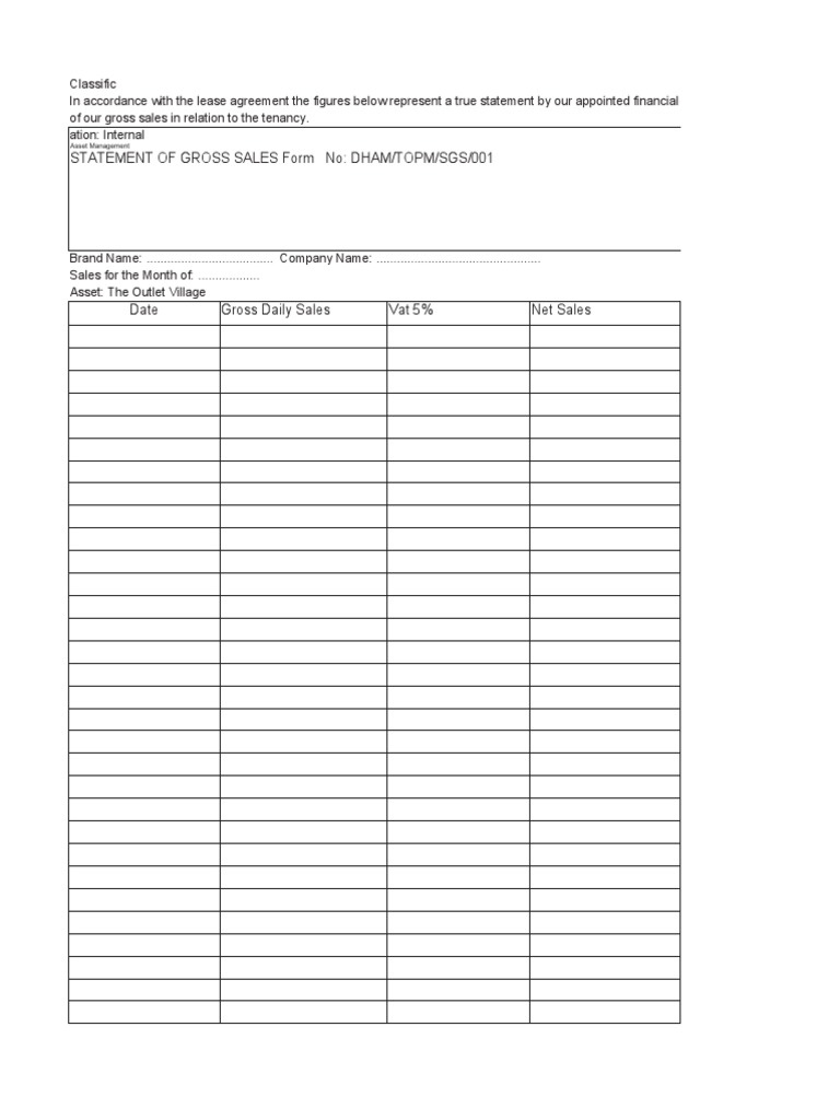 Statement of Monthly Gross Sales - DHAM Template | PDF