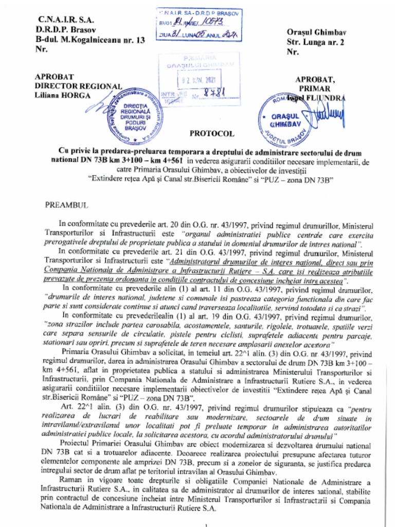 Protocol Predare-Primire in Administrare Sector de Drum DN 73B | PDF