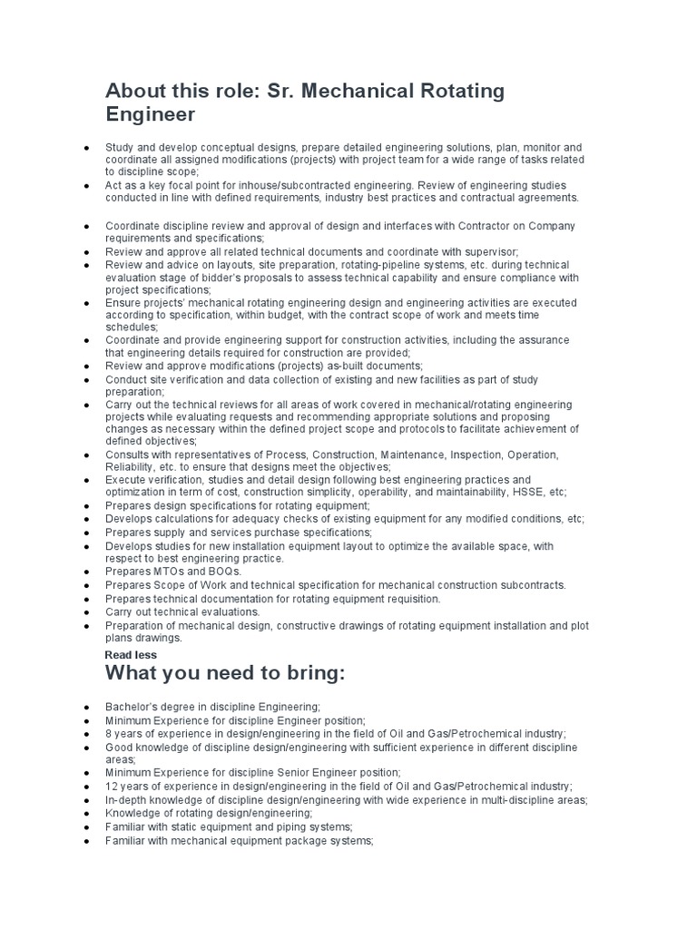 Sr. Mechanical Rotating Engineer | PDF | Specification (Technical Standard) | Engineering