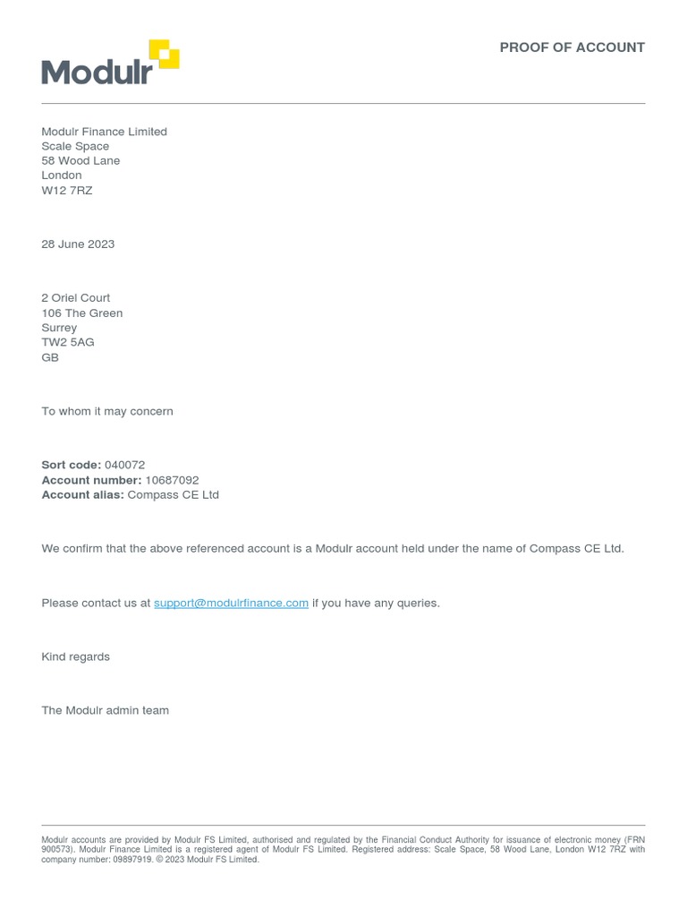 Compass CE LTD Proof of Bank Account Modulr | PDF