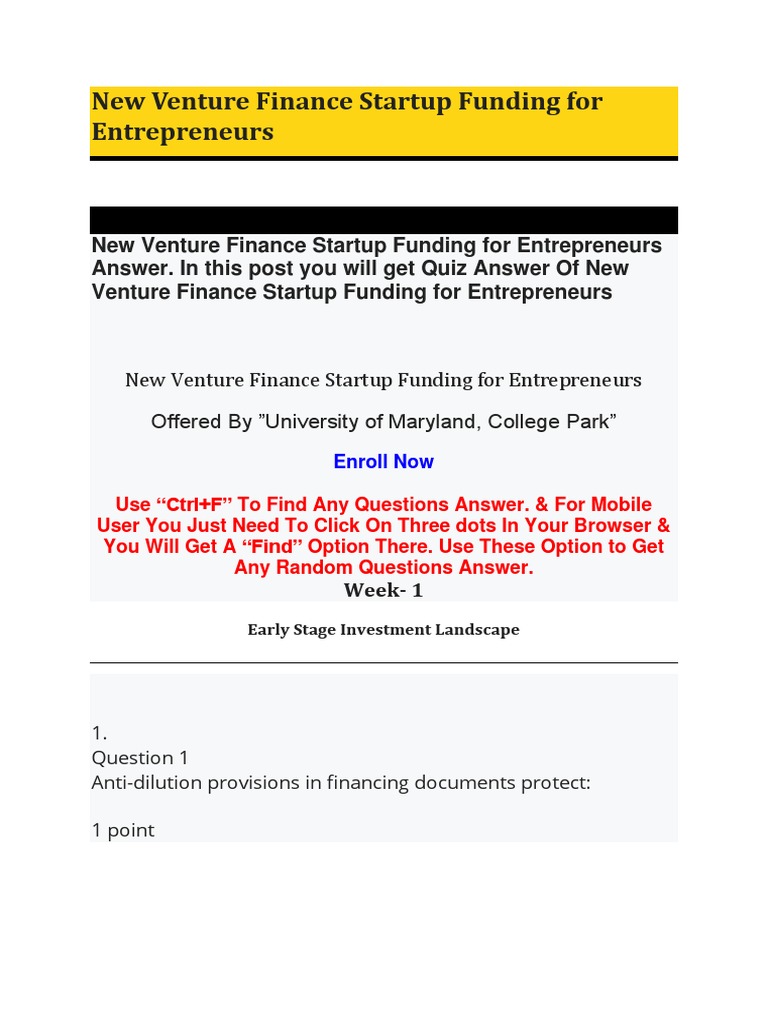 New Venture Finance Quiz Answers | PDF | Stocks | Valuation (Finance)