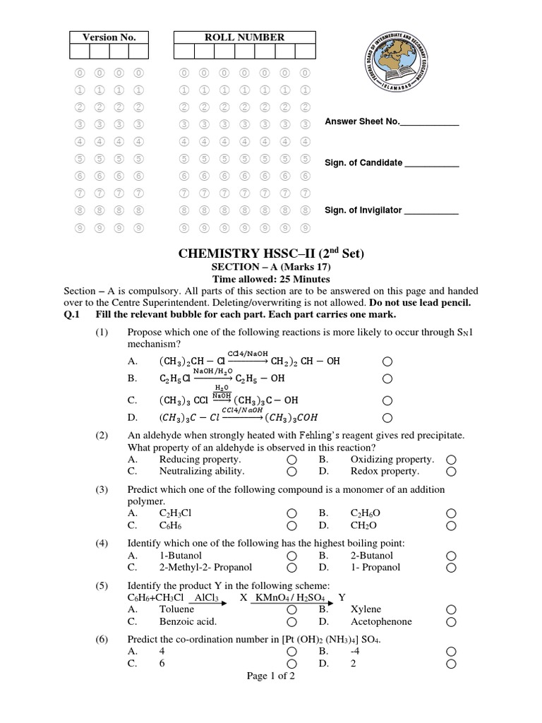 Chemistry HSSC-II Model Question Paper | PDF | Aldehyde | Chemical ...