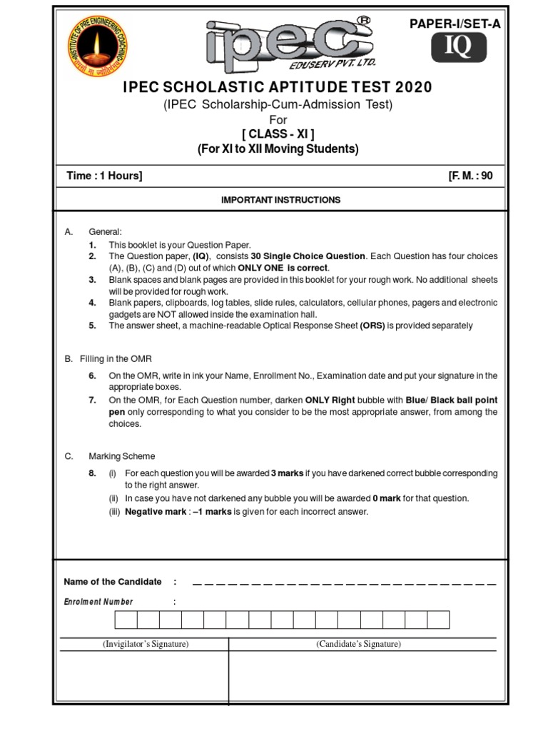 Dokumen - Tips Ipec Scholarship Cum Admission Test For Class Xi For Xi ...
