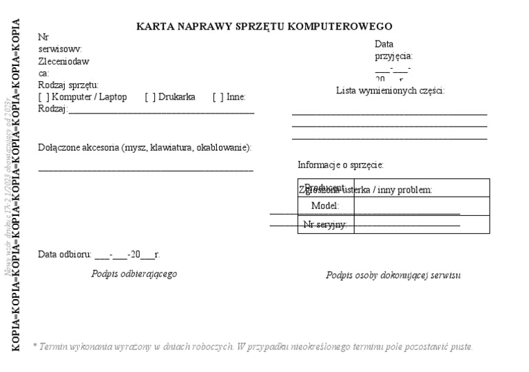 KARTA NAPRAWY SPRZĘTU KOMPUTEROWEGO — kopia — kopia | PDF