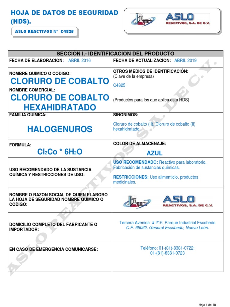 Hoja de Seguridad de Cobalto | PDF | Agua | Alergia