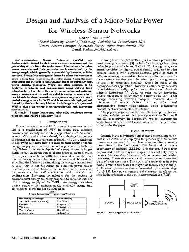 Design and Analysis of A Micro-Solar Powerfor Wireless Sensor Networks | PDF | Wireless Sensor ...