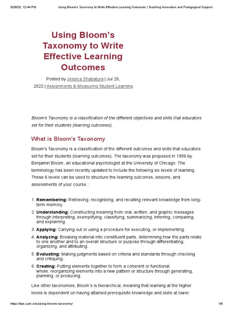 Using Bloom's Taxonomy To Write Effective Learning Outcomes - Teaching Innovation and ...