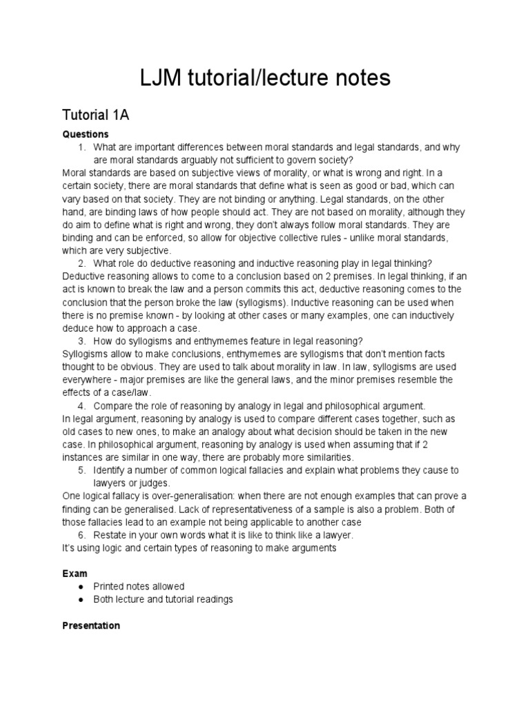 LJM Tutorial Notes | PDF | Deductive Reasoning | Virtue Ethics