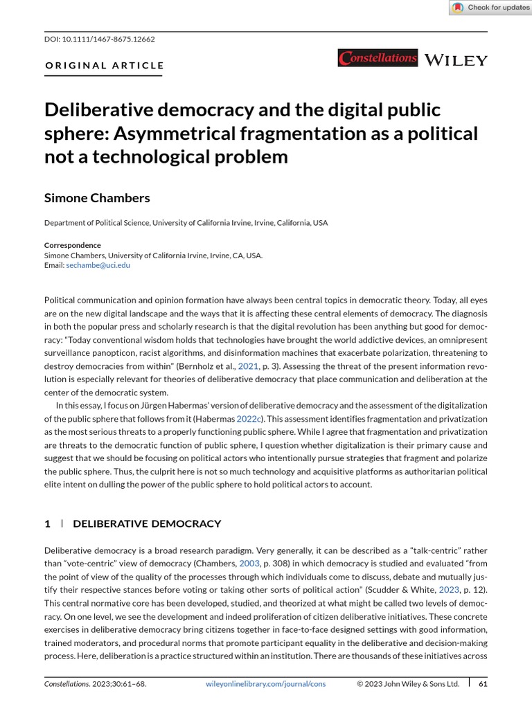Constellations - 2023 - Chambers - Deliberative Democracy and The ...