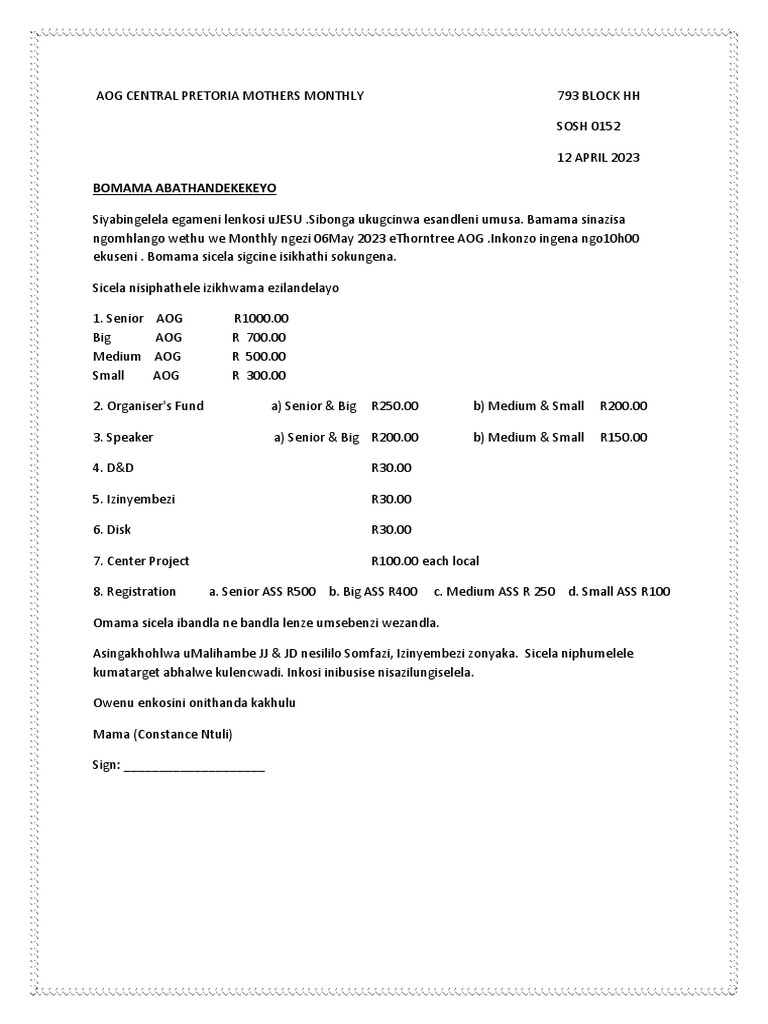 AOG MOTHERS Monthly Letter Revised-2023 | PDF