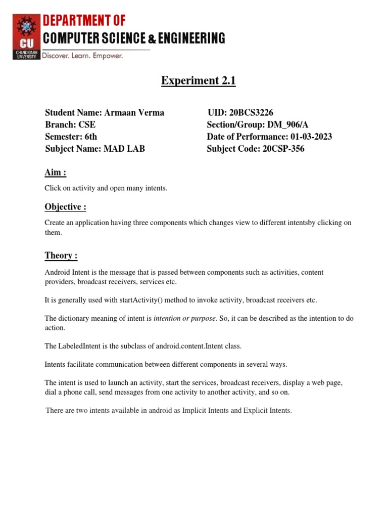 Android Intents: Activity Switching | PDF | Android (Operating System) | Application Software
