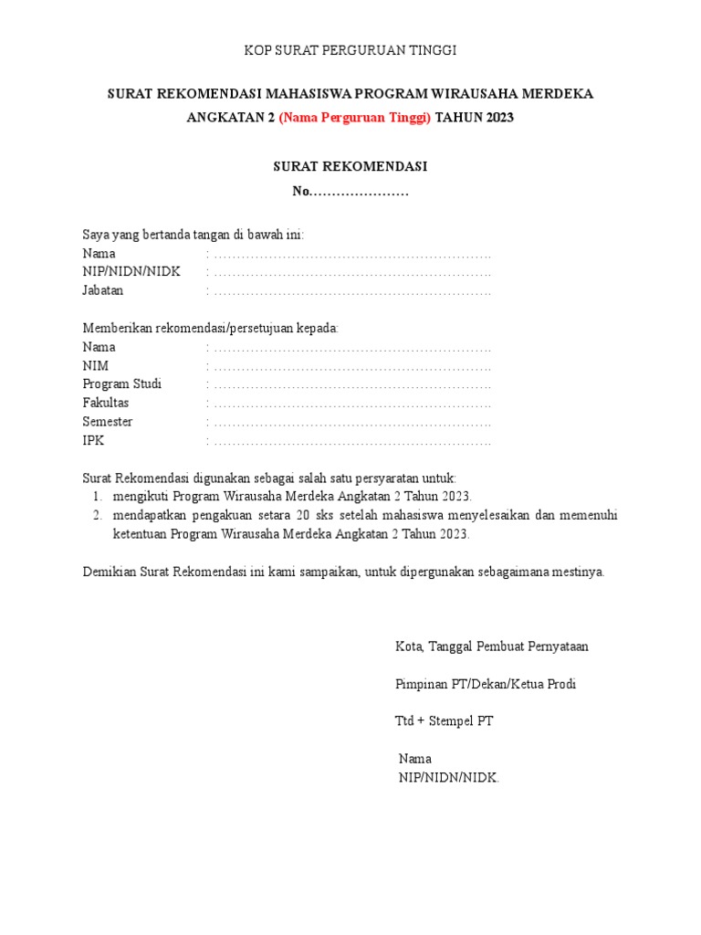 Surat Rekomendasi Wirausaha Merdeka | PDF