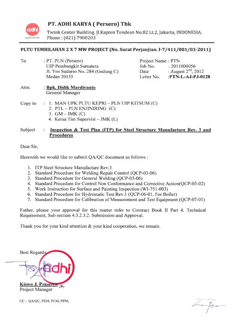 Sample Shop ITP of Steel Structure Work | PDF | Electric Power ...