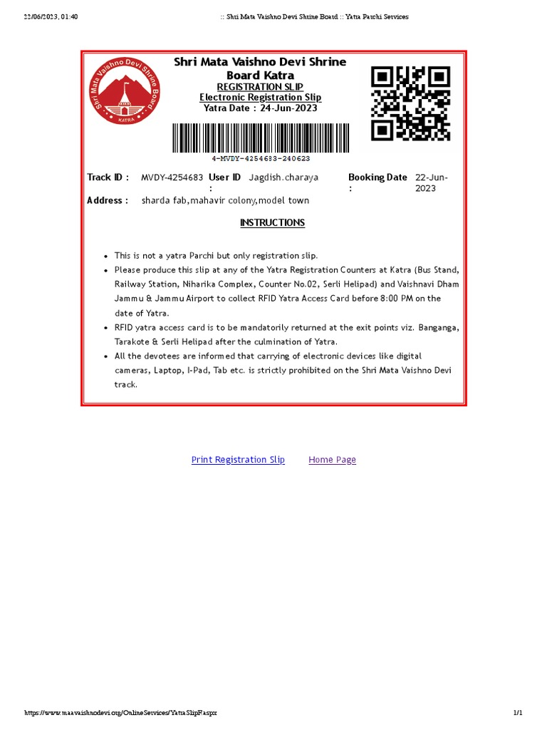 __ Shri Mata Vaishno Devi Shrine Board __ Yatra Parchi Services | PDF