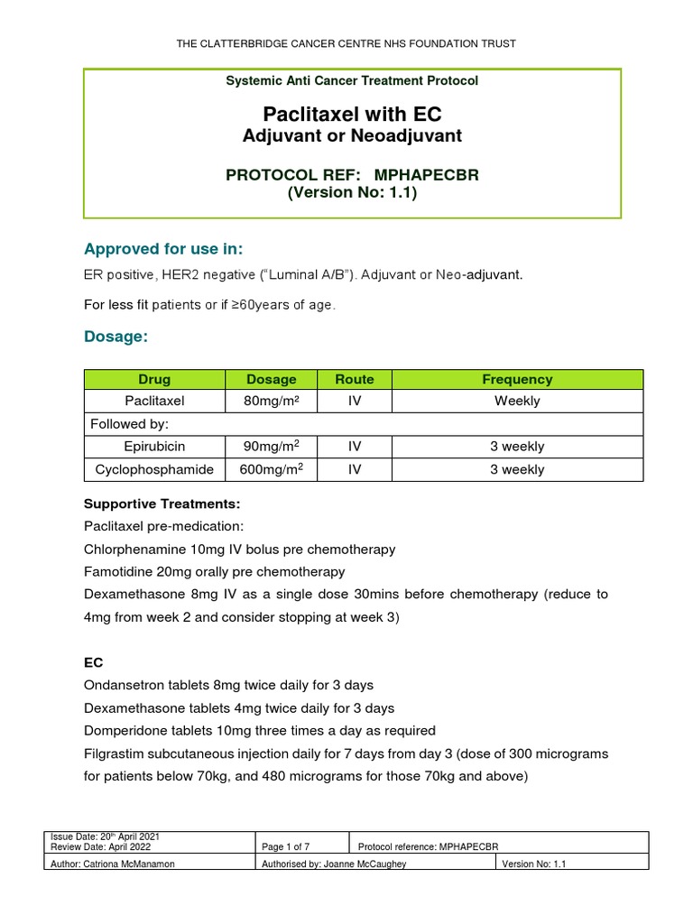 Paclitaxel With EC Adjuvant or Neoadjuvant Protocol V1.1 | PDF ...