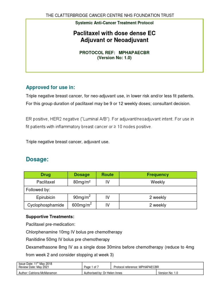 Paclitaxel With Dose Dense EC Adjuvant or Neo-Adjuvant Protocol V1.0 ...