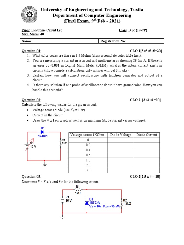 Electronic Circuit Lab Exam Paper | PDF