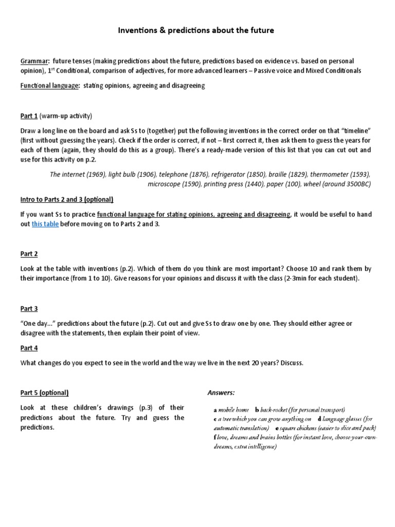 Inventions & Predictions About The Future Lesson Plan B1+ | PDF