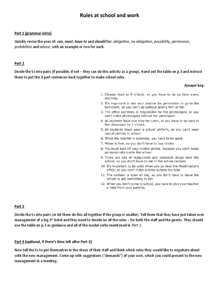 Rules at school and work Lesson Plan B1 | PDF | Cafeteria | Lunch