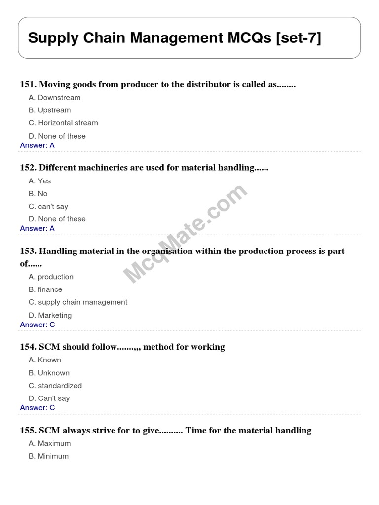 SCM MCQs for Students & Professionals | PDF | Supply Chain | Lean Manufacturing