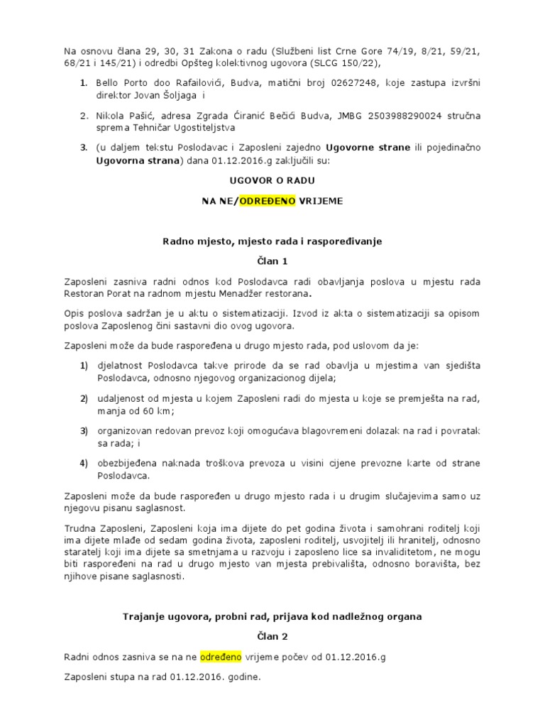 Ugovor o Radu (1) - NOVI | PDF