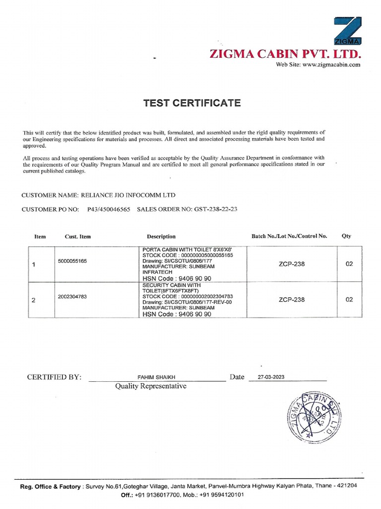 Inspection Test Certificate | PDF
