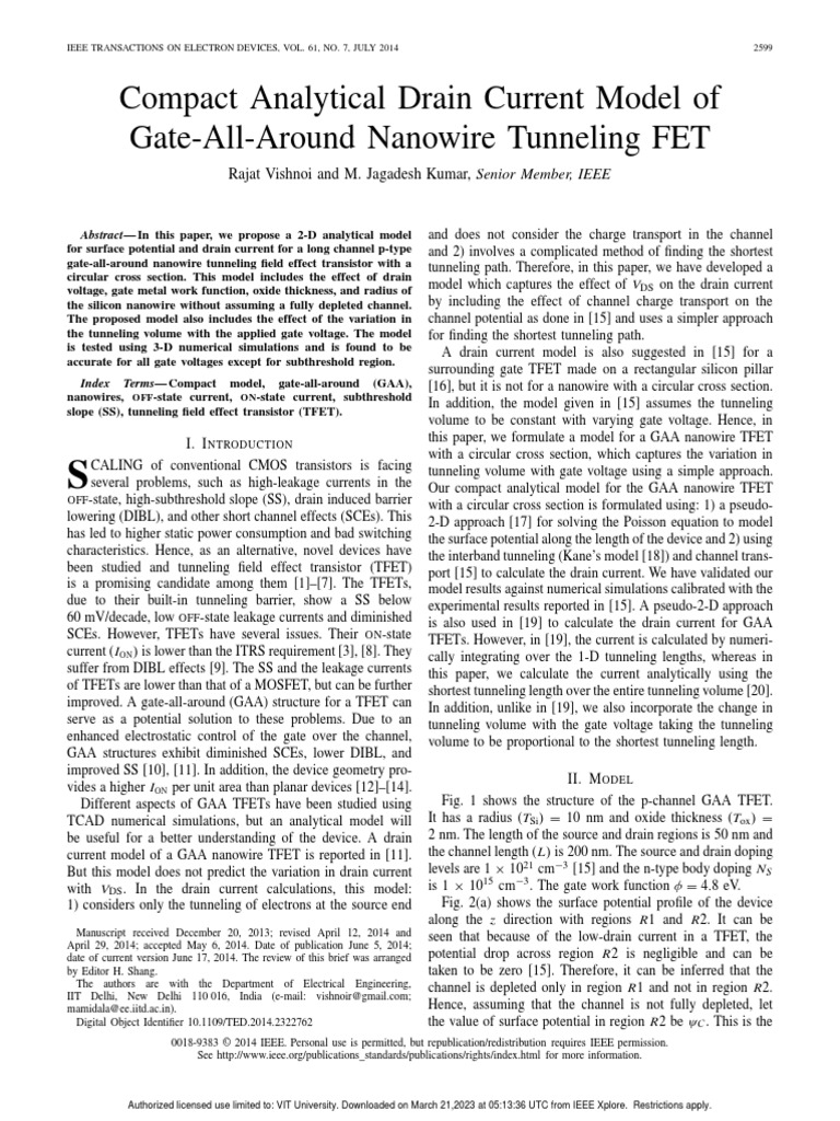 Compact Analytical Drain Current Model Of Gate All Around Nanowire