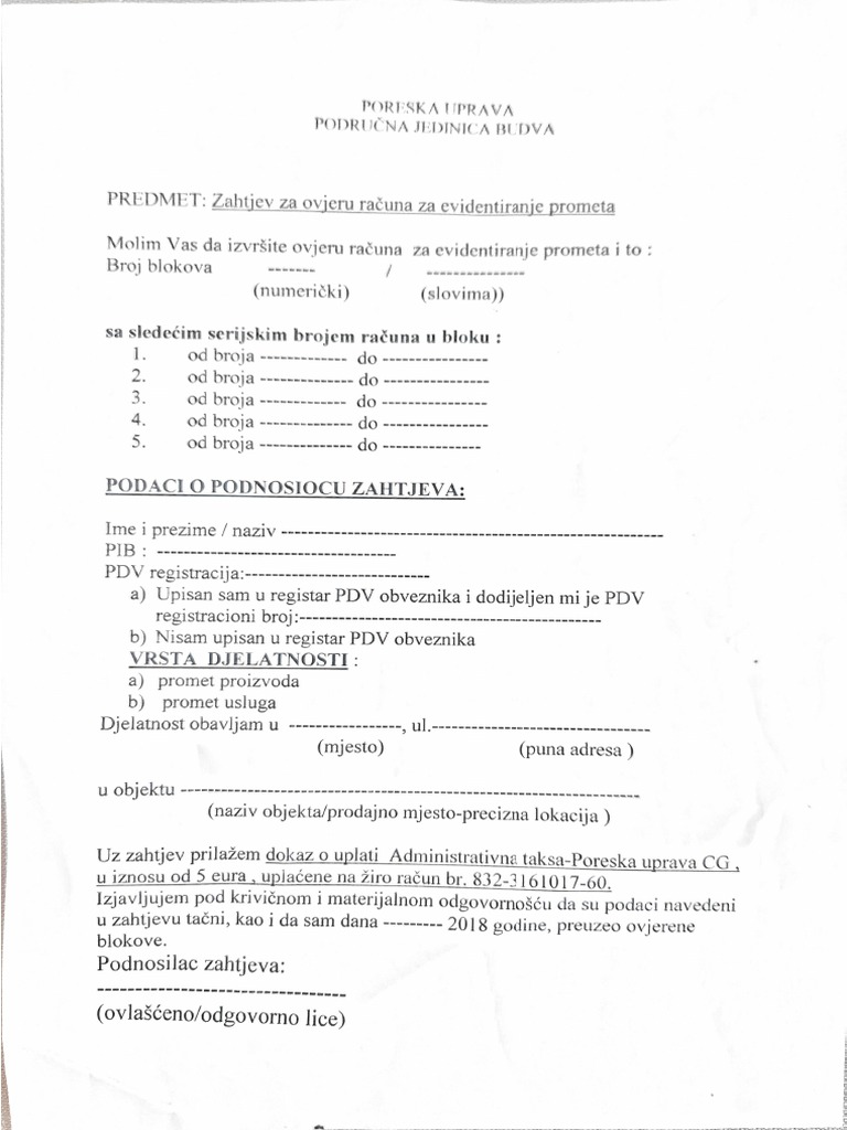 Poreska Uprava-Zahtjev Za Overu Racuna Za Evidentiranje Prometa | PDF