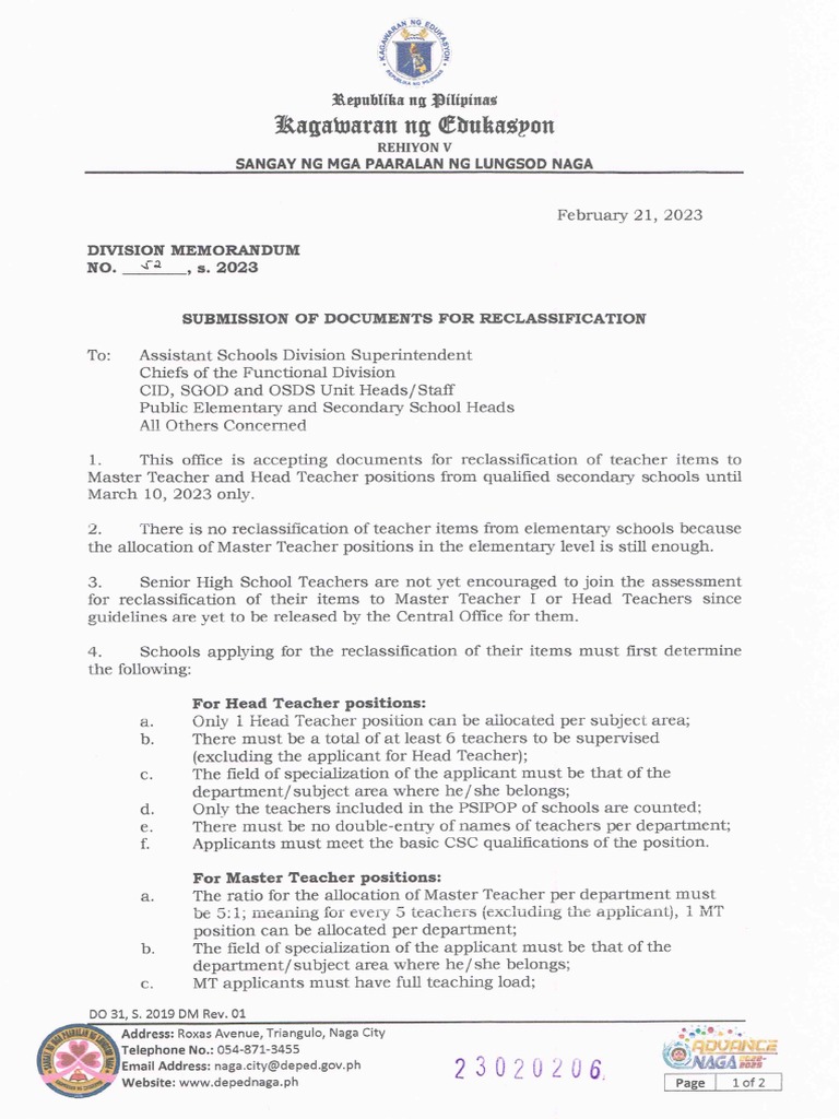 DM No. 52, S. 2023 Submission of Documents For Reclassification | PDF
