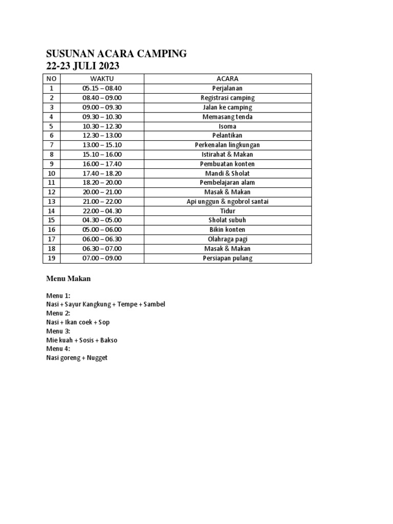 SUSUNAN ACARA CAMPING | PDF