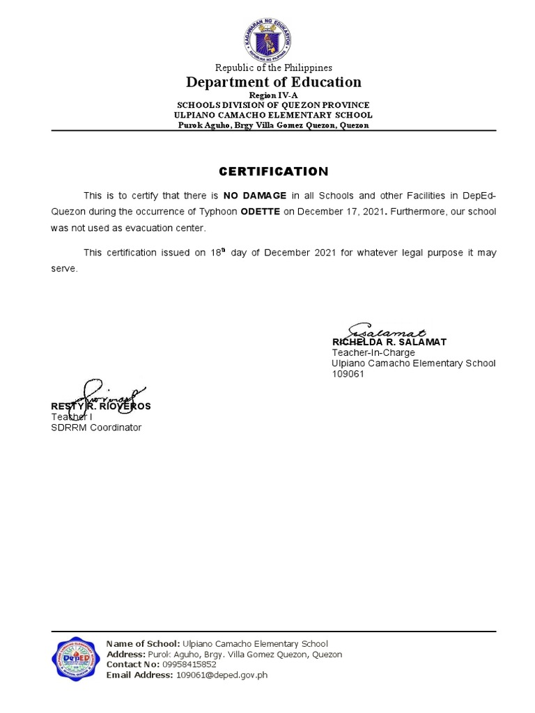 Certification of No Damage at UCES | PDF