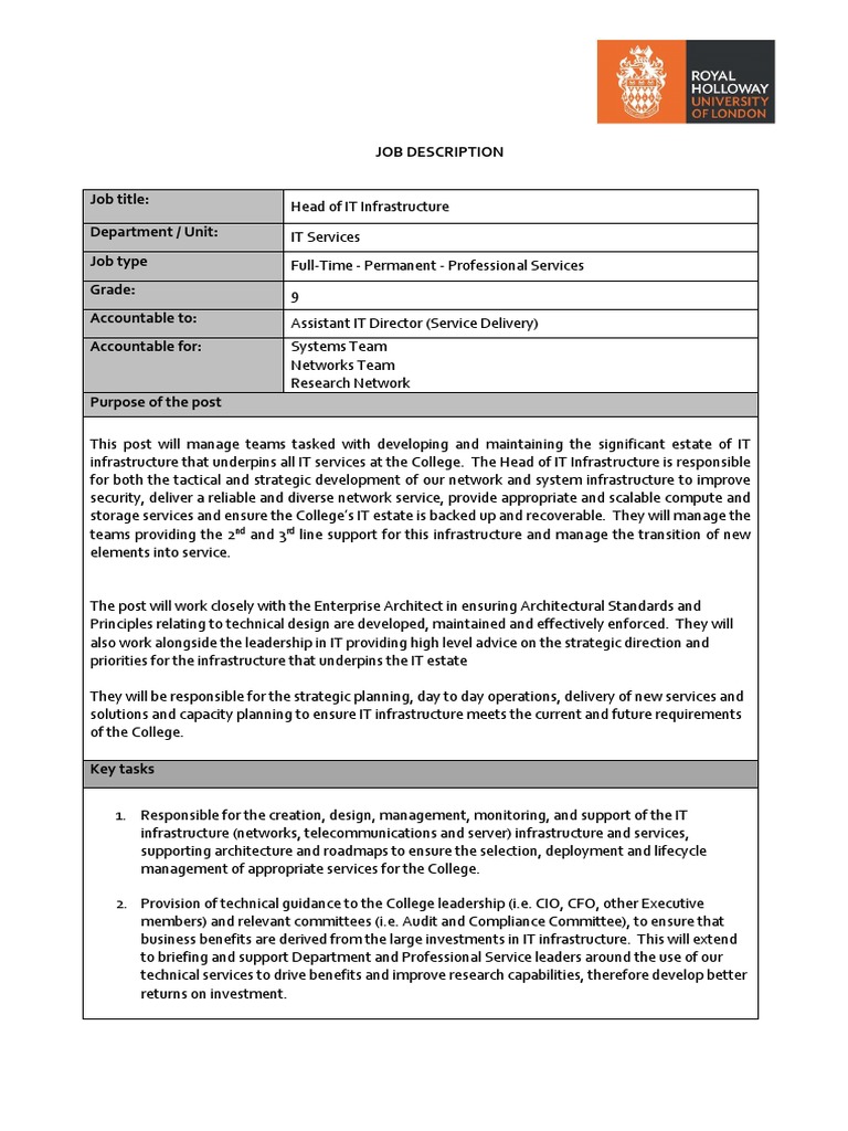 Job Description - IT Infra Heads | PDF | Infrastructure | Cloud Computing
