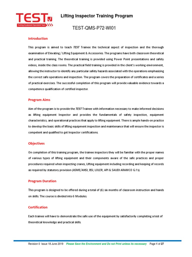 Lifting Inspector Training Program | PDF | Crane (Machine) | Elevator