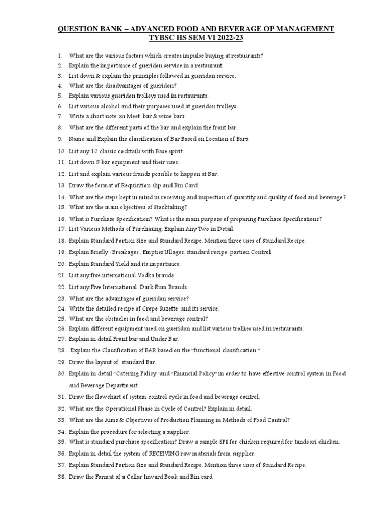 Question Bank 2023 Adv Food and Bev MGT Sem Vi | PDF | Drink | Food And ... Question Bank 2023 Adv Food and Bev MGT Sem Vi | PDF | Drink | Food And ...