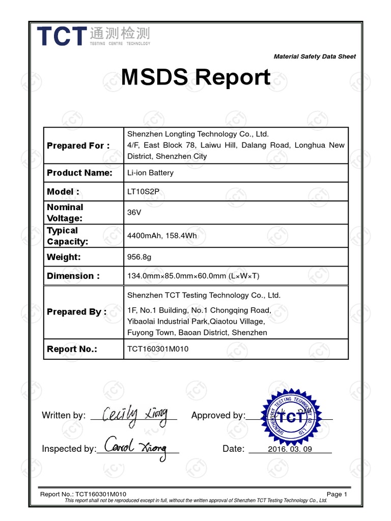 MSDS Report: Prepared For: Product Name: Model: Nominal Voltage ...