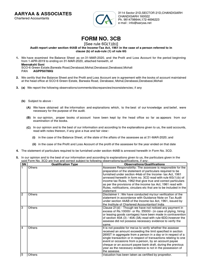 Form 3CD - Meenakshi Soni | PDF | Payments | Cheque