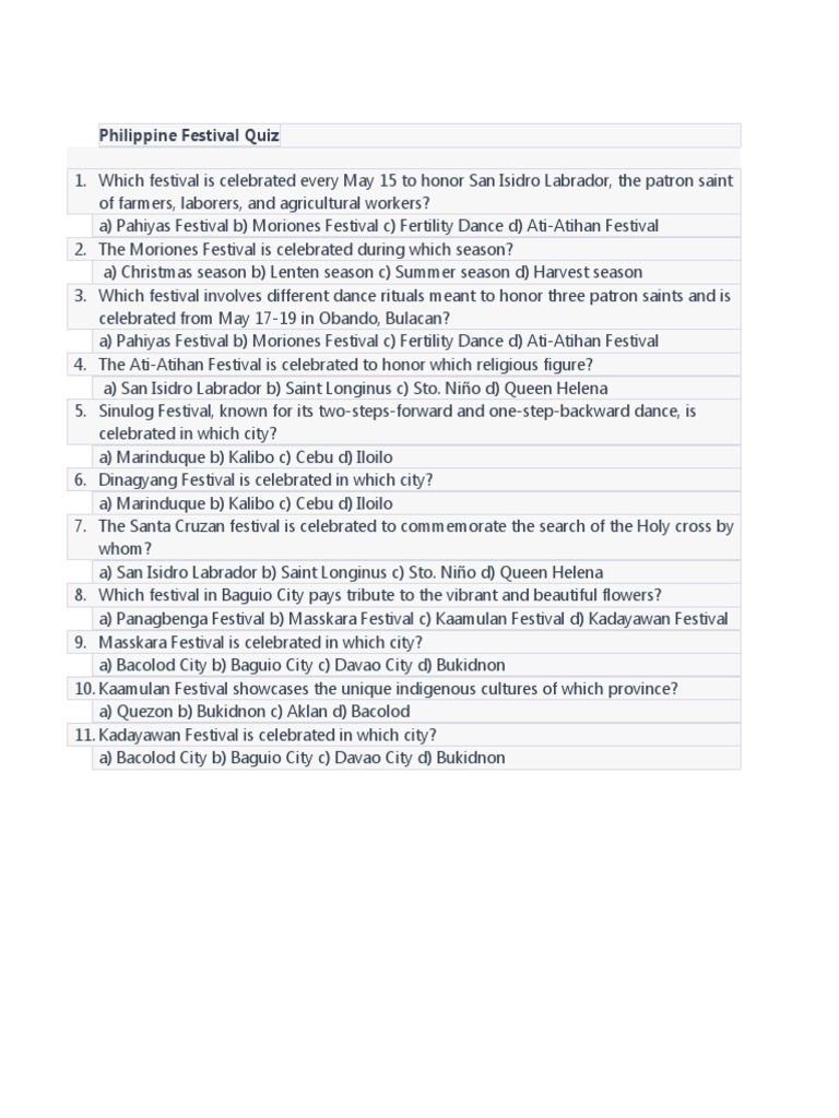 Philippine Festival Quiz | PDF