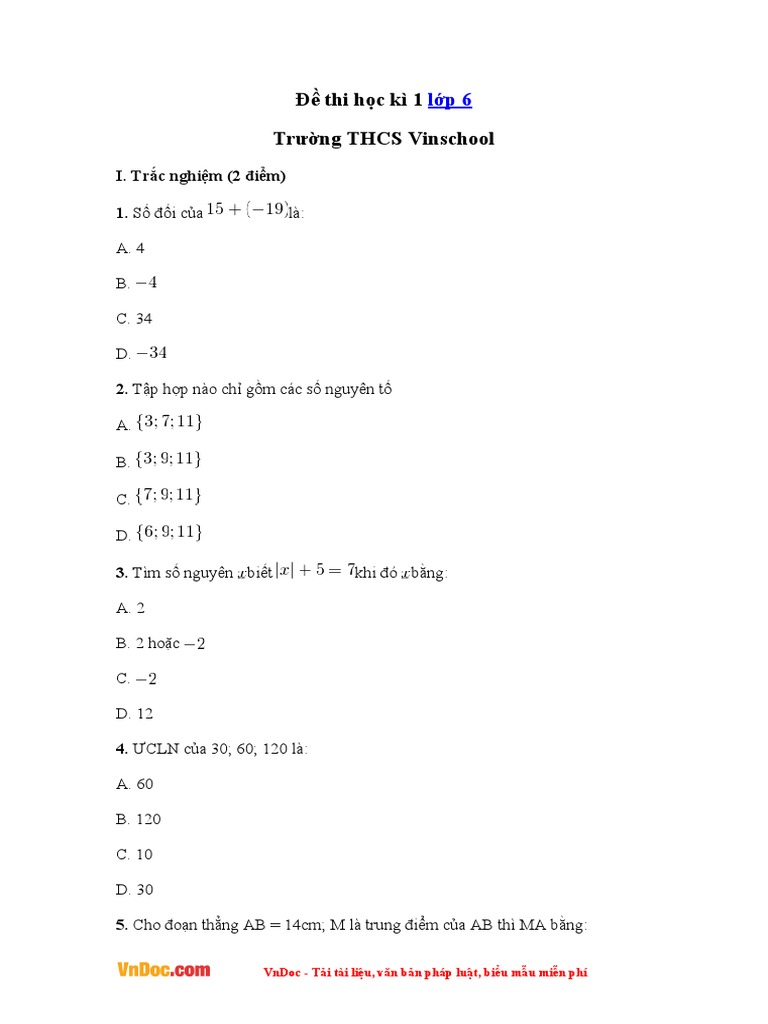 De Thi Hoc Ki 1 Mon Toan 6 Thcs Vinschool | PDF